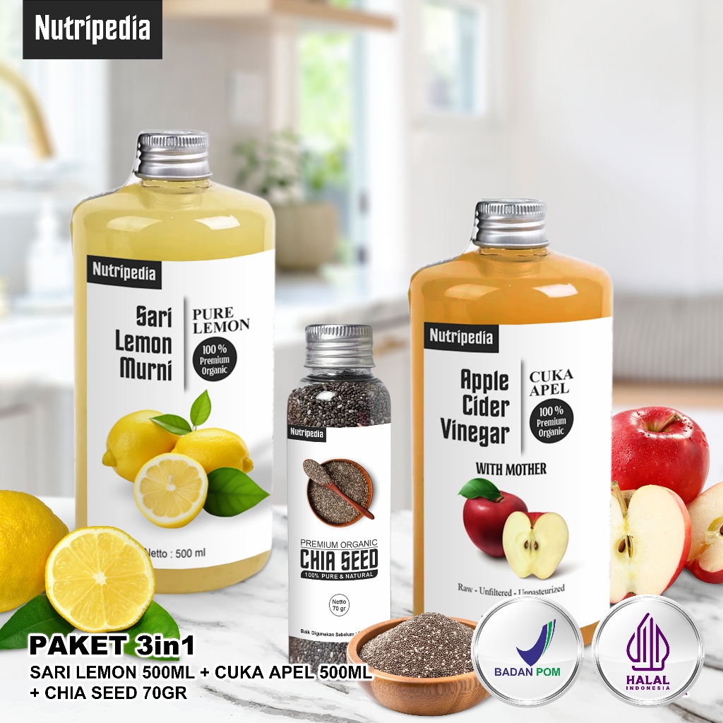 Jual Nutripedia - Paket Diet Sehat 3in1 Bundle Cuka Apel 500ml, Sari Lemon 500ml, Chia Seed 70Gr ...