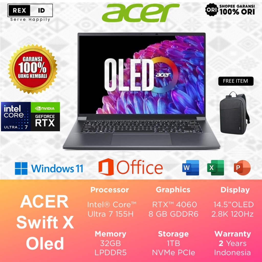 Jual Laptop Acer OLED RTX4060 8GB Ultra 7 155H 32GB 1TB 14" 2.8K 120Hz ...