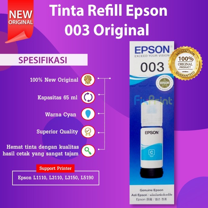 Jual Tinta Epson 003 Original Ink Printer Epson L Series, Warna Cyan ...
