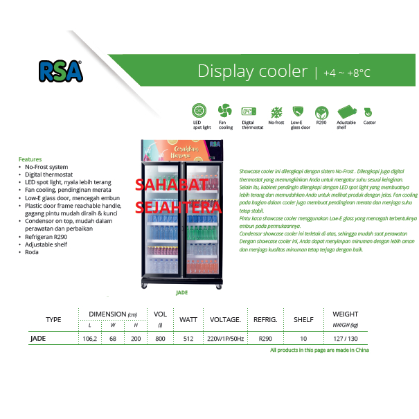 Jual RSA Showcase Cooler JADE Kulkas Showcase 2 Pintu | Shopee Indonesia
