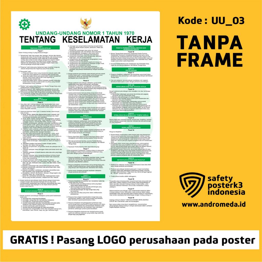 Jual Safety Poster K3: UU No 1 Tahun 1970 Tentang Keselamatan Kerja ...