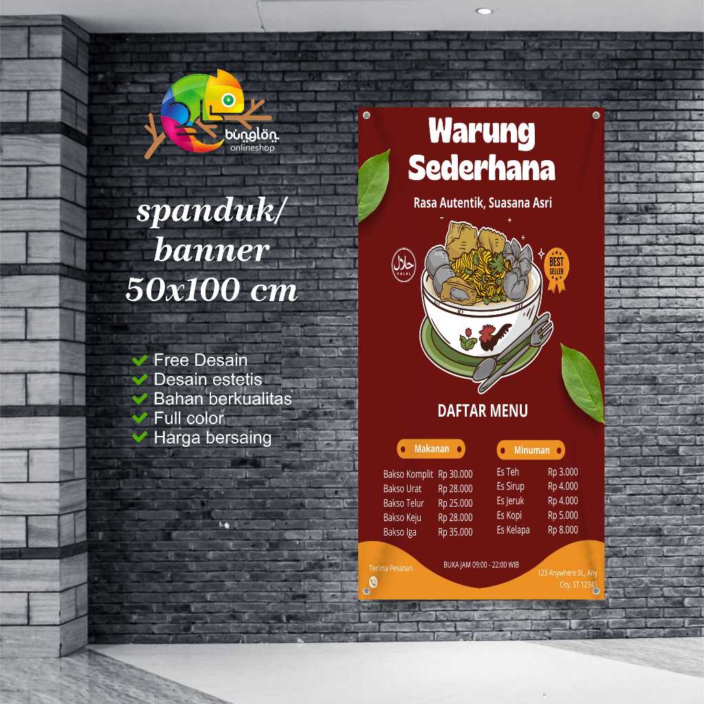 Jual Cetak Spanduk Banner Merah dan Jingga Moderen Menu Warung Bakso ...