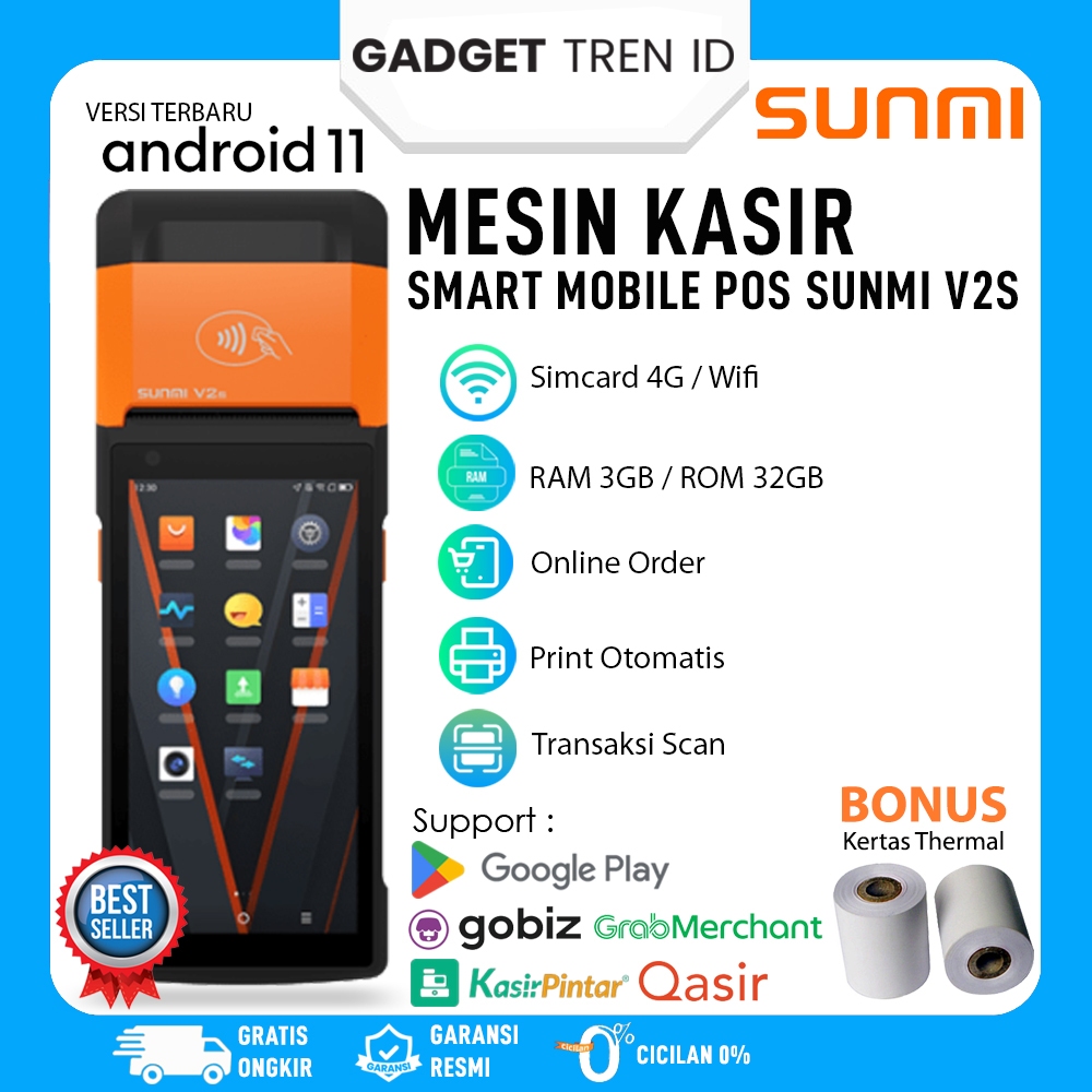 Jual Mesin Kasir Android Portable SUNMI V2s NFC 2/16GB 3/32GB Thermal Printer Scan Barcode Bisa ...