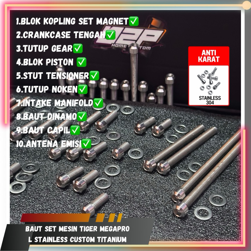 Jual Baut set mesin tiger megapro L stainless custom titanium handmade | Shopee Indonesia