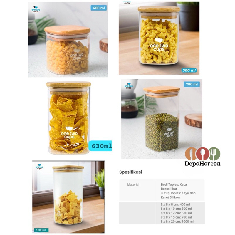 Jual One Two Cups Stoples Toples Kaca Kotak Seal Kedap Udara Tutup Kayu / Square Glass Jar With ...