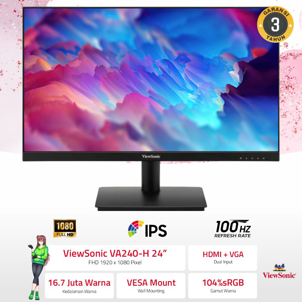 Jual Monitor ViewSonic 24" VA240-H Full HD 100Hz 104% sRGB 1ms HDMI VGA ...