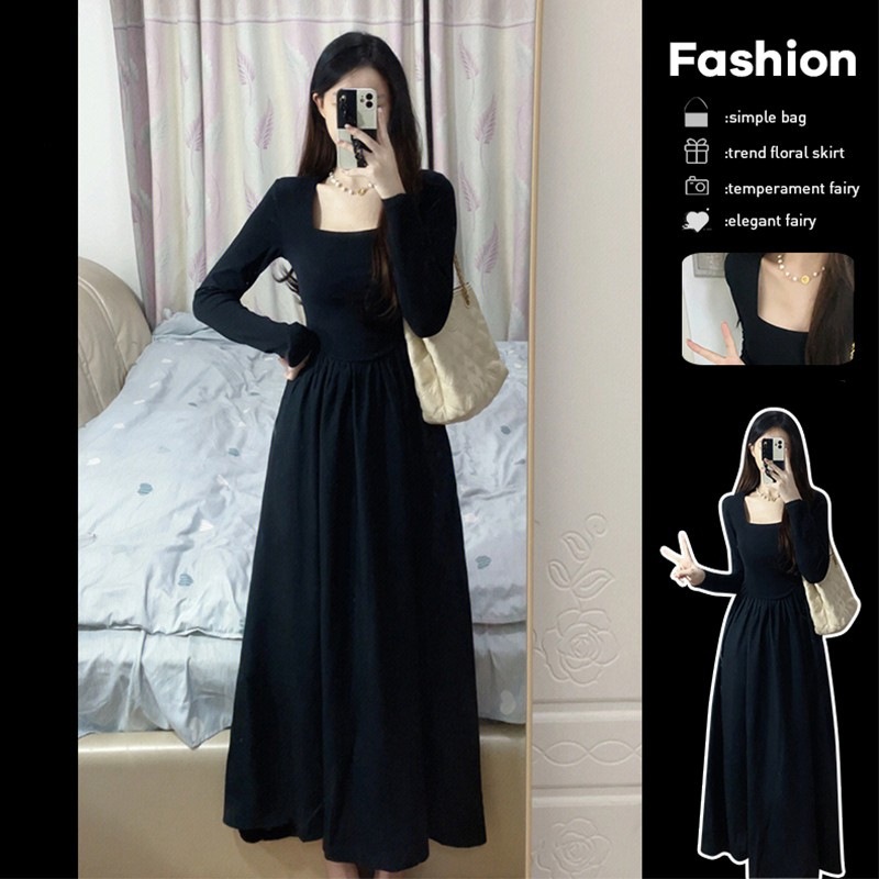 Jual Dress Hitam Gaun Lengan Panjang Gaun Warna Hitam Gaun Korean Gaun ...