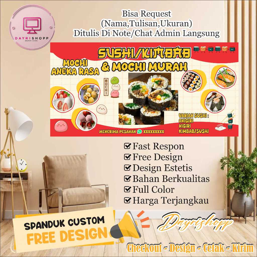 Jual Size 100X50 Cm,Spanduk Banner Sushi Kimbab Merah Terbaru Custom ...