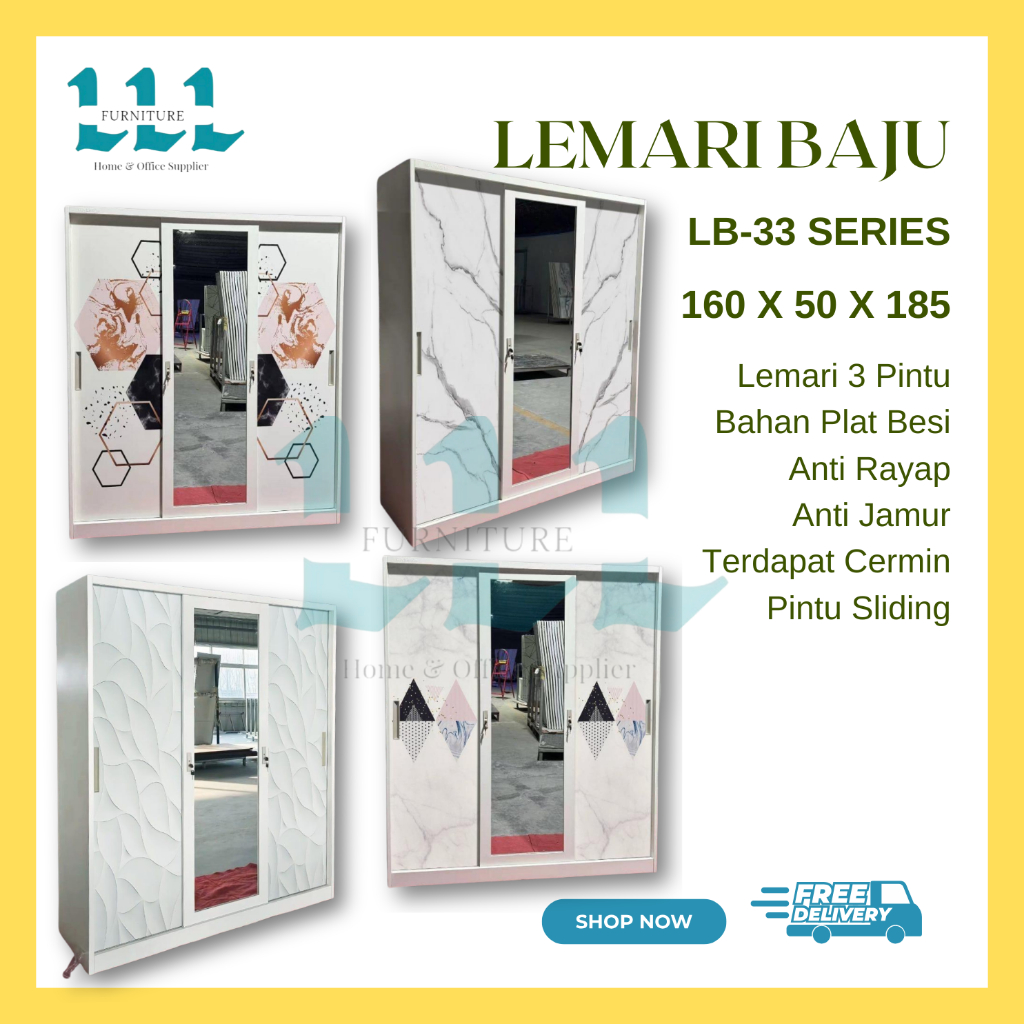 Jual Lemari Baju 3 Pintu 160 cm Kaca | Lemari Baju Besi Sliding Reguler | Shopee Indonesia