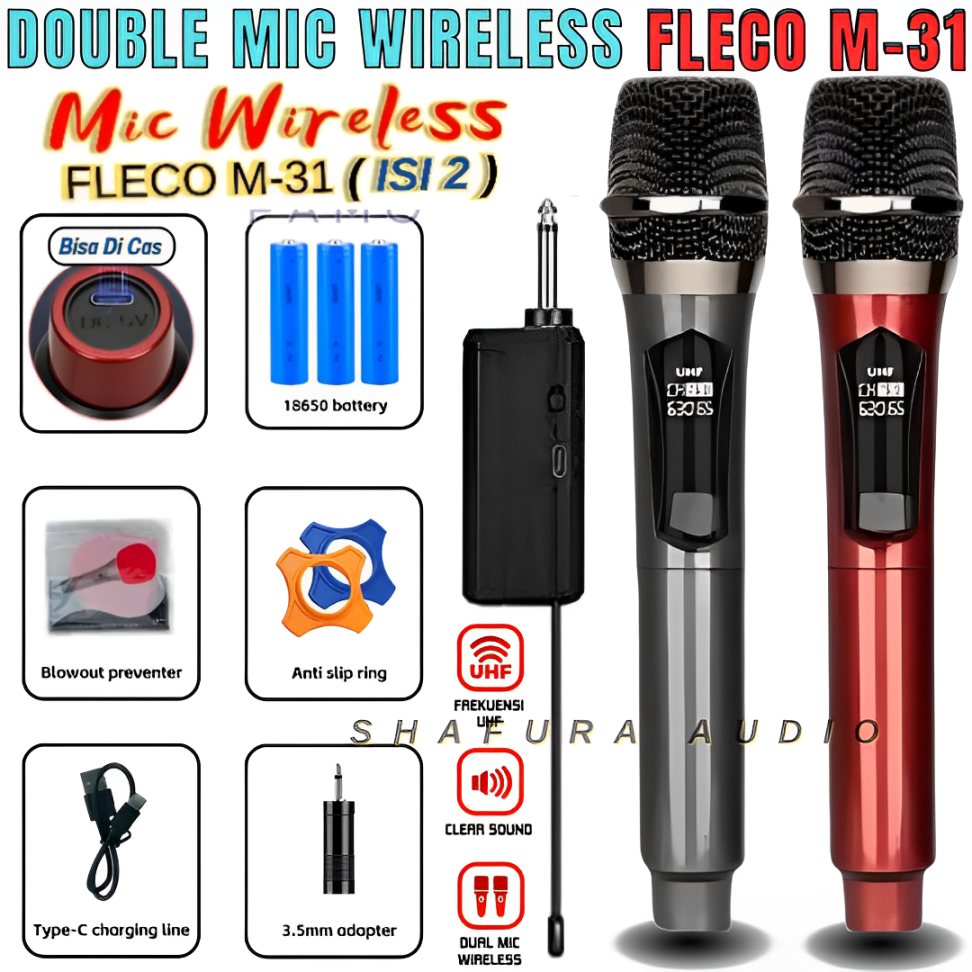 Jual Microphone Mic Tanpa Kabel Fleco M-31 Double Mic Wireless ...