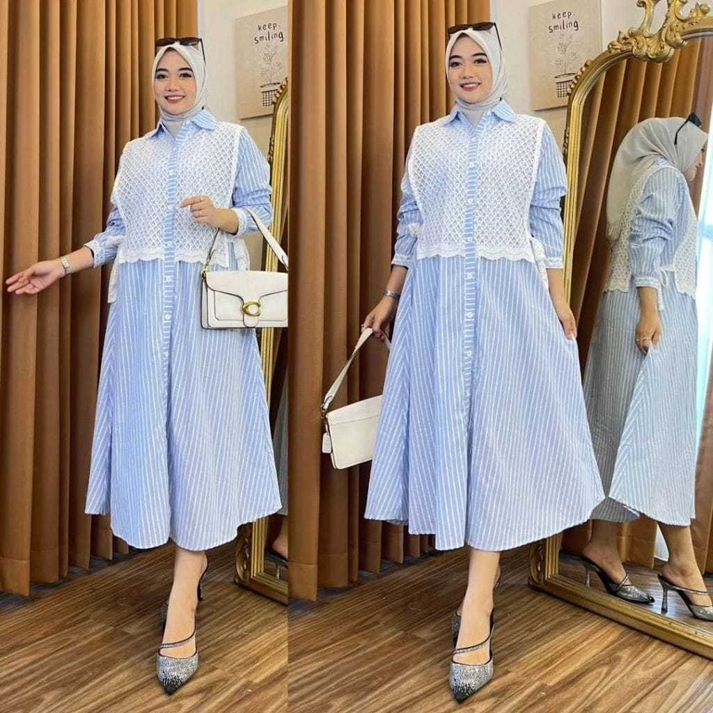 Jual Dwaf_styleofficial Dress Salur Midi Korea Style | Midi Dress Bahan Katun Salur Mix Tile ...