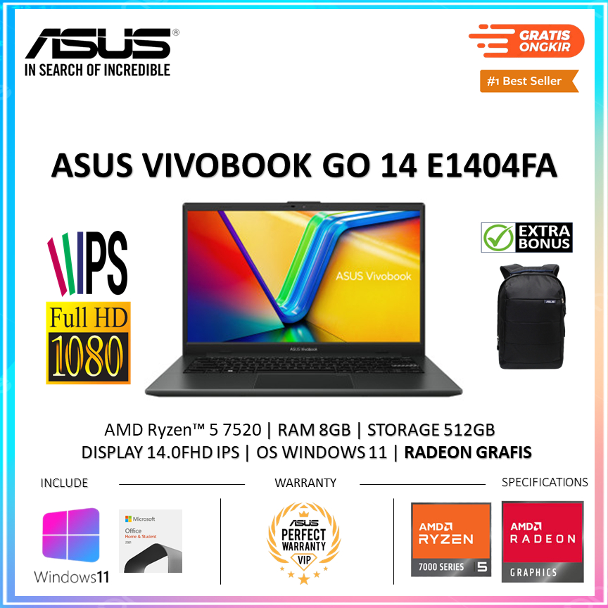 Jual Asus Vivobook GO 14 E1404FA Ryzen 5-7520U RAM 16GB 512GB SSD 14.0 ...