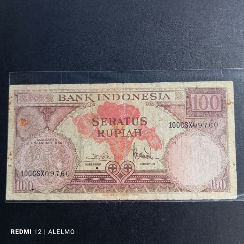Jual uang kertas kuno 100 rupiah seri bunga tahun 1959 bekas asli jelek | Shopee Indonesia