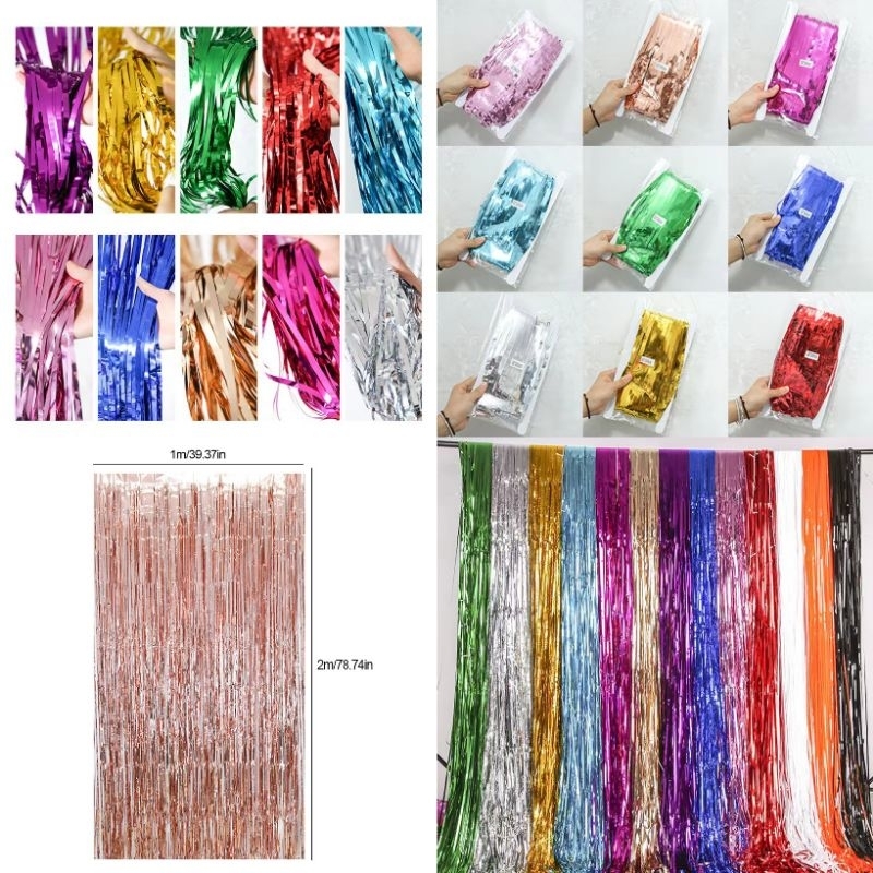 Jual foil curtain tirai backdrop rumbai emas gold silver merah red pink ...