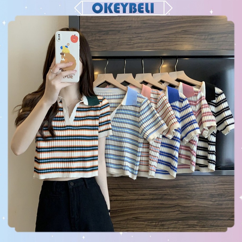 Jual •OKEY BELI•BJ1836 Baju Kaos Berkerah Atasan Lengan Pendek Rajut Wanita Knitwear Motif Garis ...