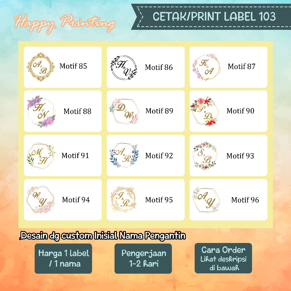 Jual label nama undangan dengan inisial nama ukuran 103 Print Cetak ...
