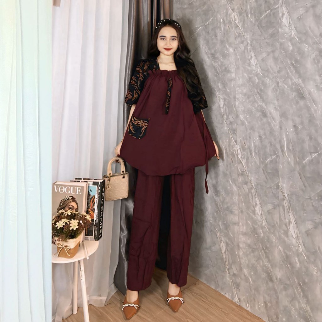 Jual Setelan Fuji Rayon Polos Kombinasi Bulu Hitam | Shopee Indonesia