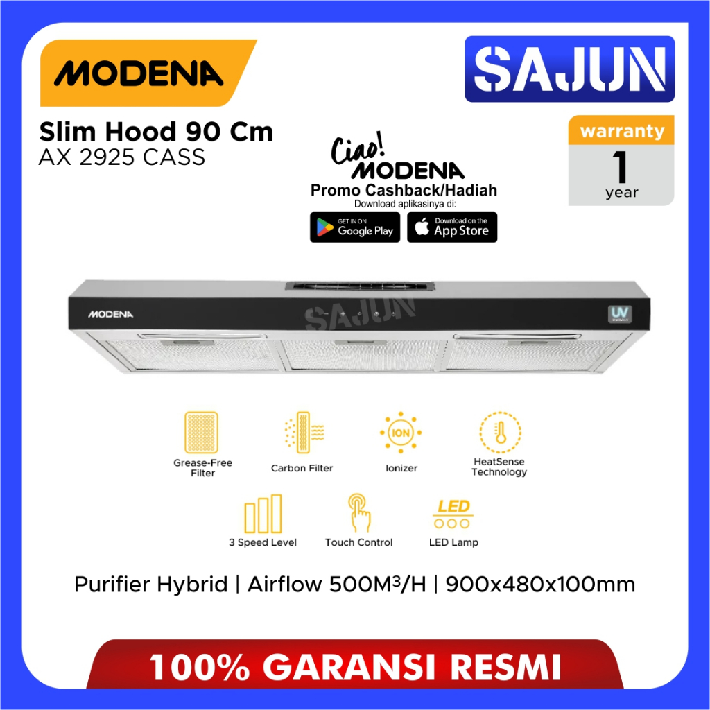 Jual Modena Purifier Slim Hood Hybrid 90cm AX-2925 CASS Cooker Hood ...