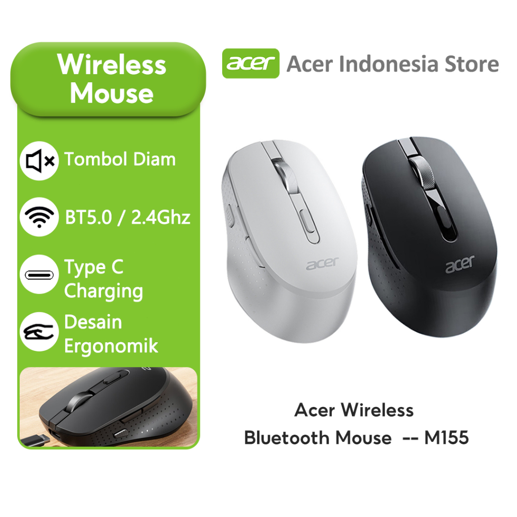 Jual Acer Mouse Wireless Bluetooth M155 BT5.0 2.4G Dual-Mode Diisi ulang 800/1200/1600DPI Untuk ...