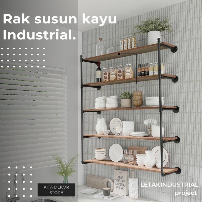 Jual Rak Susun Kayu Industrial / Rak Dinding Pipa Industrial / Rak 5 ...