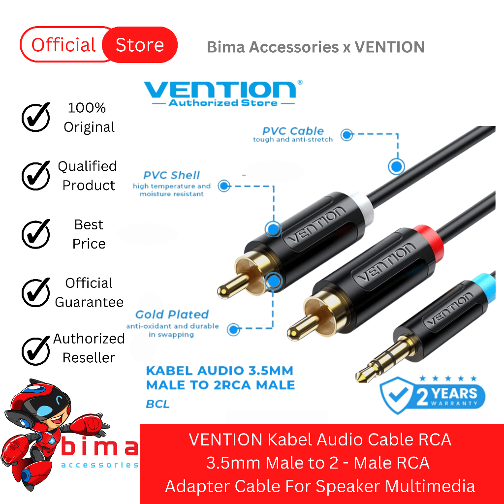 Jual VENTION Kabel Audio Cable RCA 3.5mm Male to 2 Male Adapter For Speaker Multimedia Panjang 1 ...