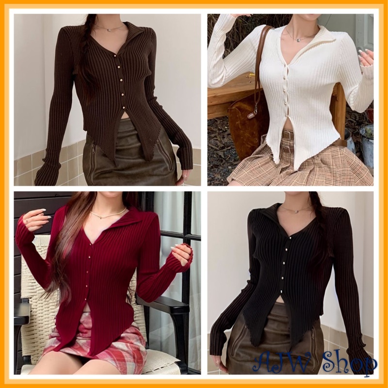 Jual AJW Atasan Wanita Slim Fit Kerah Polo Button On Lengan Panjang RBW | Atasan Wanita Kekinian ...