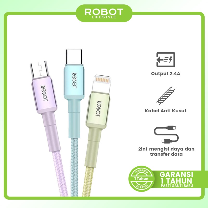 Jual ROBOT Kabel Data 2in1 Fast Charging 2.4A Micro USB Lightning Type ...