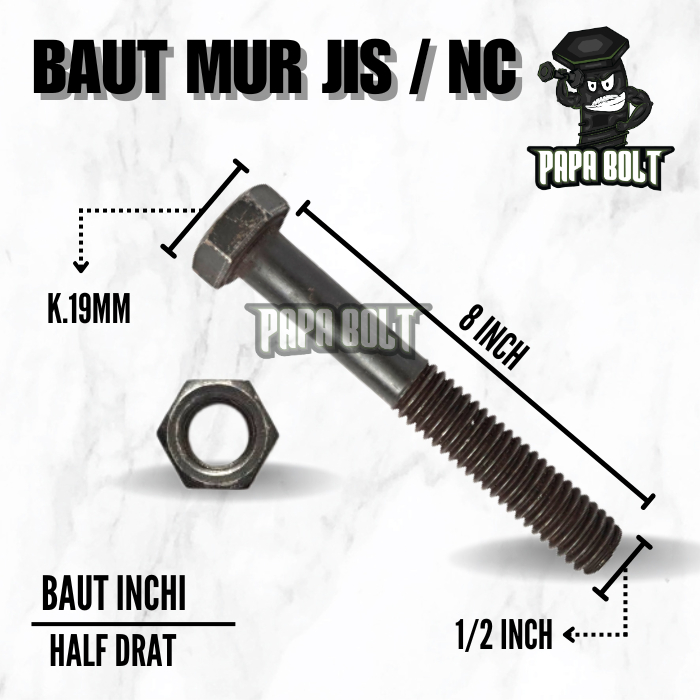 Jual Baut Mur Jis Hitam 1/2" x 8 Inch (Kunci 19) | Shopee Indonesia