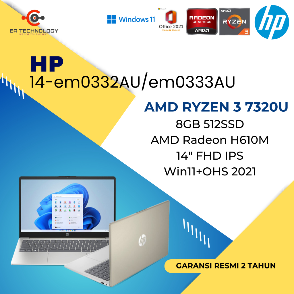 Jual HP 14-em0332AU/em0333AU Ryzen 3-7320U 8GB 512SSD 14″ FHD IPS W11 ...