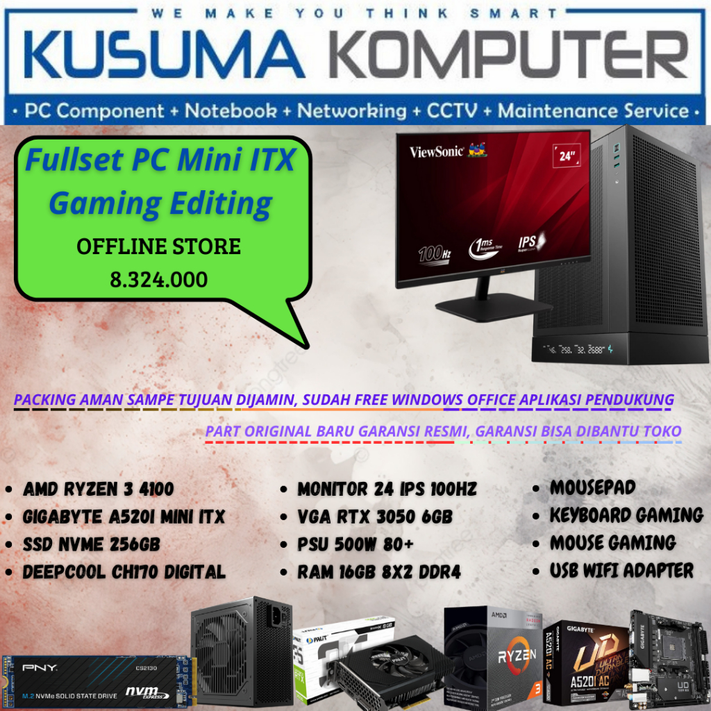 Jual Full Set Fullset PC Gaming Mini ITX AMD RZEN 4100 RTX 3050 6GB MONITOR 24" 100HZ | Shopee ...