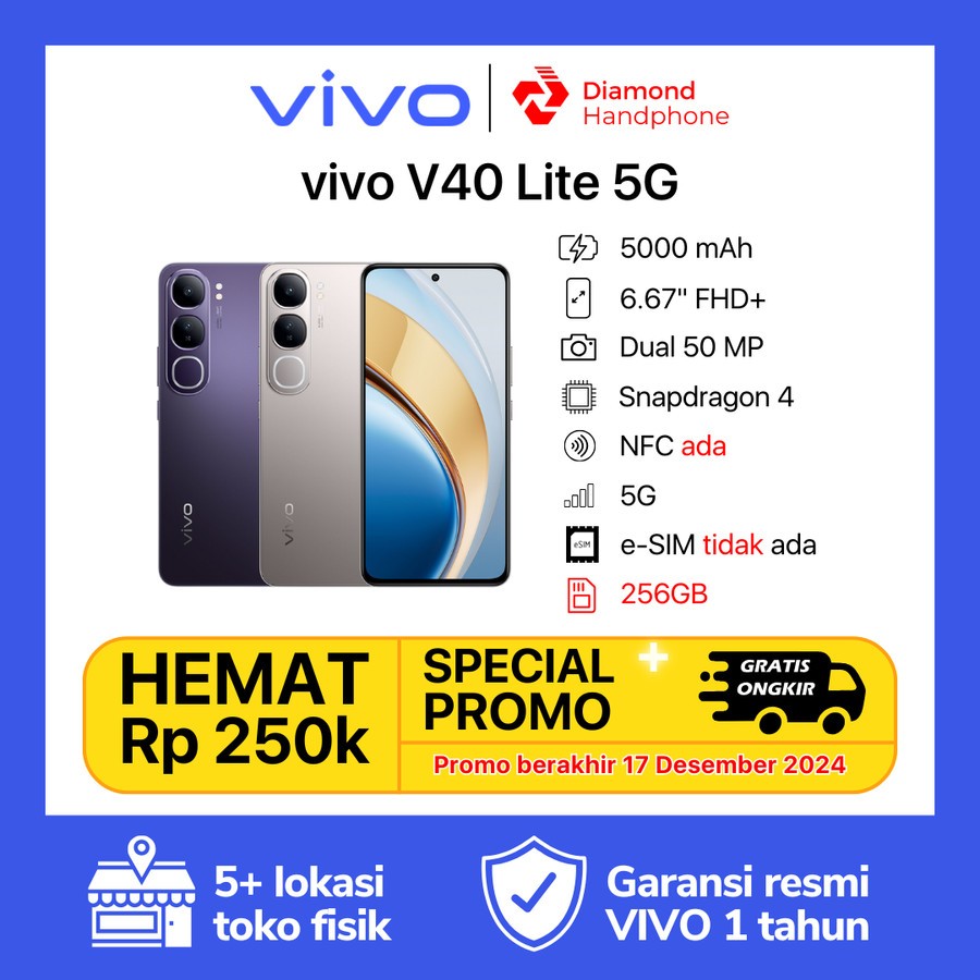 Jual Vivo V40 Lite 5G 8/256 8/256GB 8GB 256GB Garansi Resmi | Shopee Indonesia