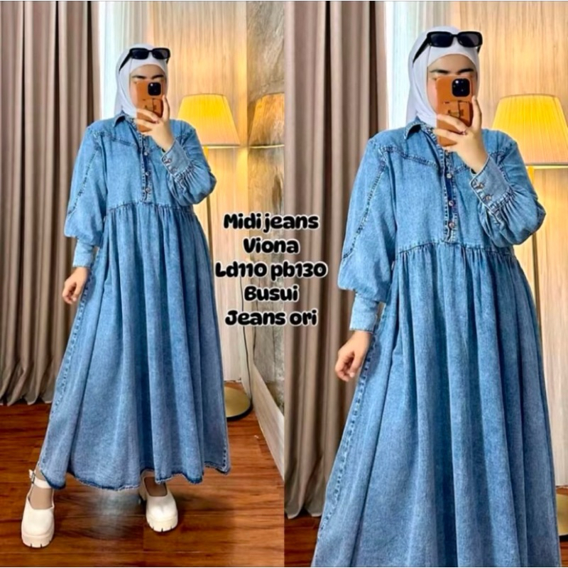 Jual Cod~Gamis Jeans Viona Dress Jeans Wanita Jumbo Ld 110 Pb 130 ...