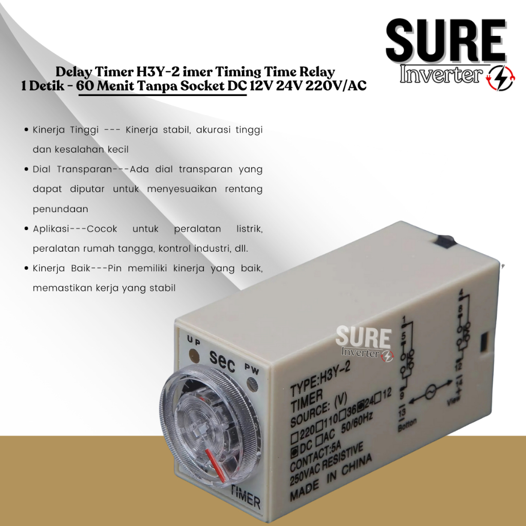 Jual Sure Inverter Delay Timer H3Y-2 Timer Timing Relay 1 Detik - 60 Menit Tanpa Socket DC 12V ...