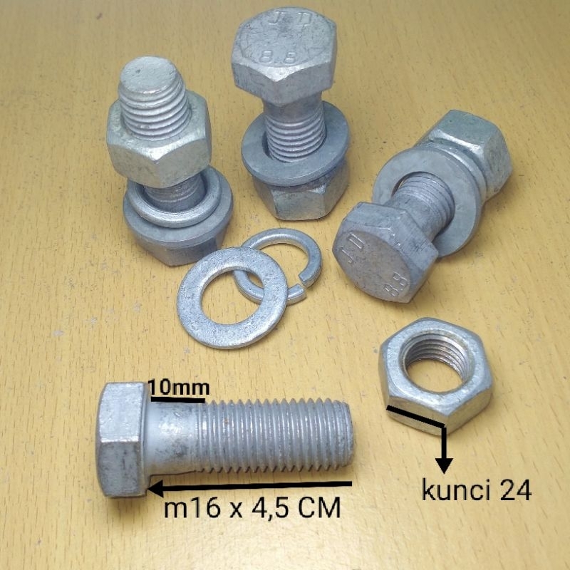 Jual baut mur galvanis hotdip m16x45mm half drat pitch x 2.0 grade 8.8 ...