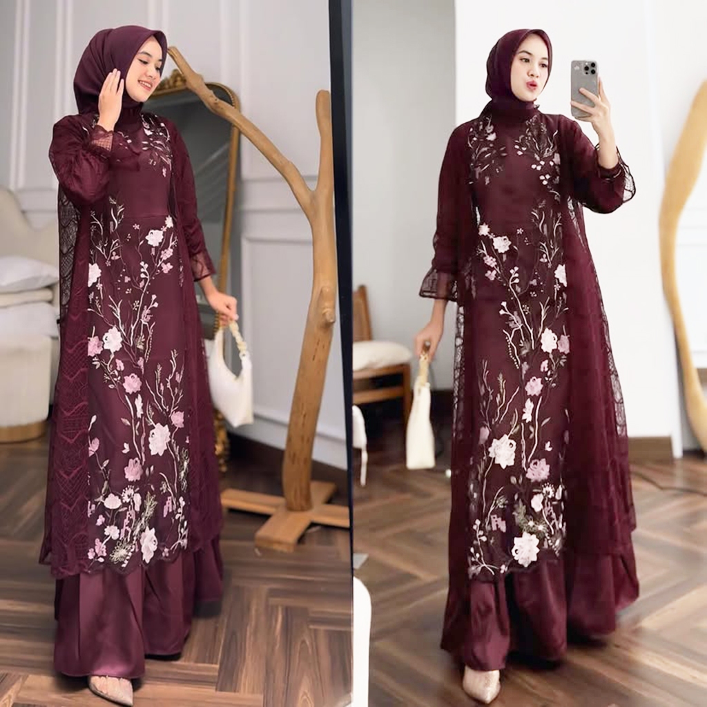 Jual Maxi Dress Gamis Wanita Modern Tulle Burgundy Chantily Baju ...