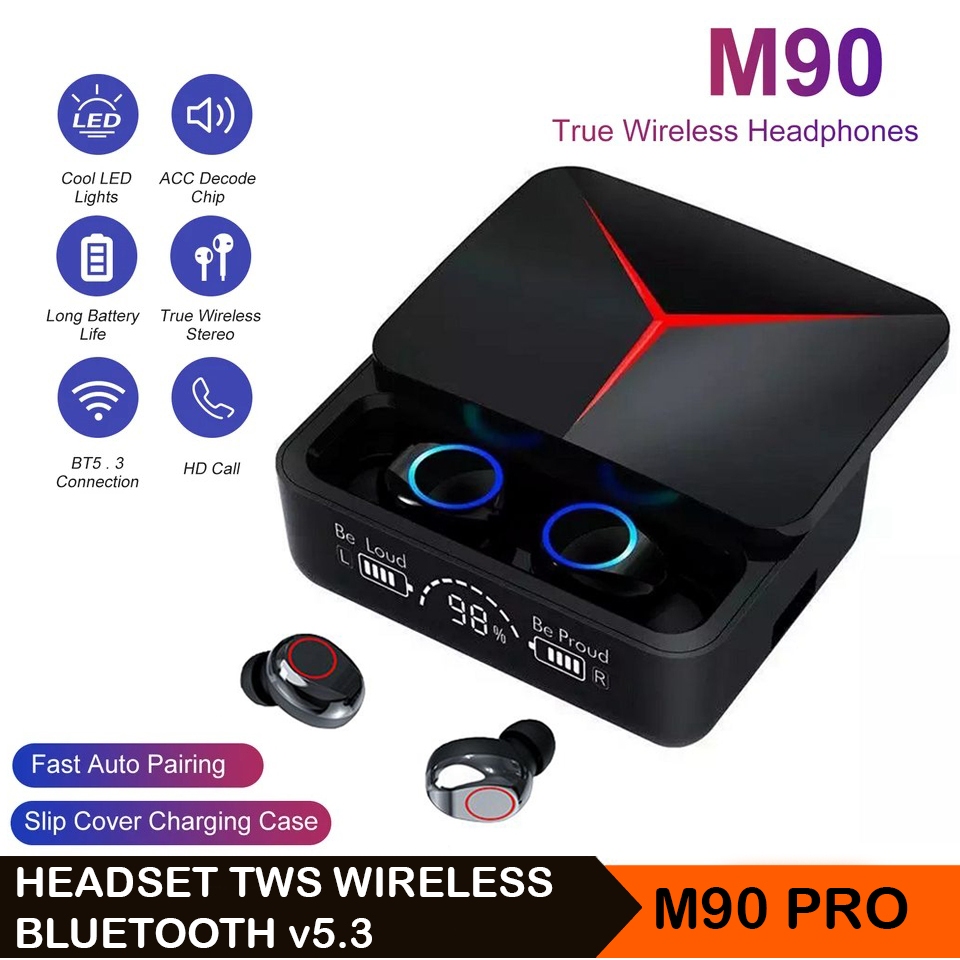 Jual Headset Bluetooth TWS M90 Pro Wireless HiFi 9D LED Digital Display v5.3 Slide Design ...