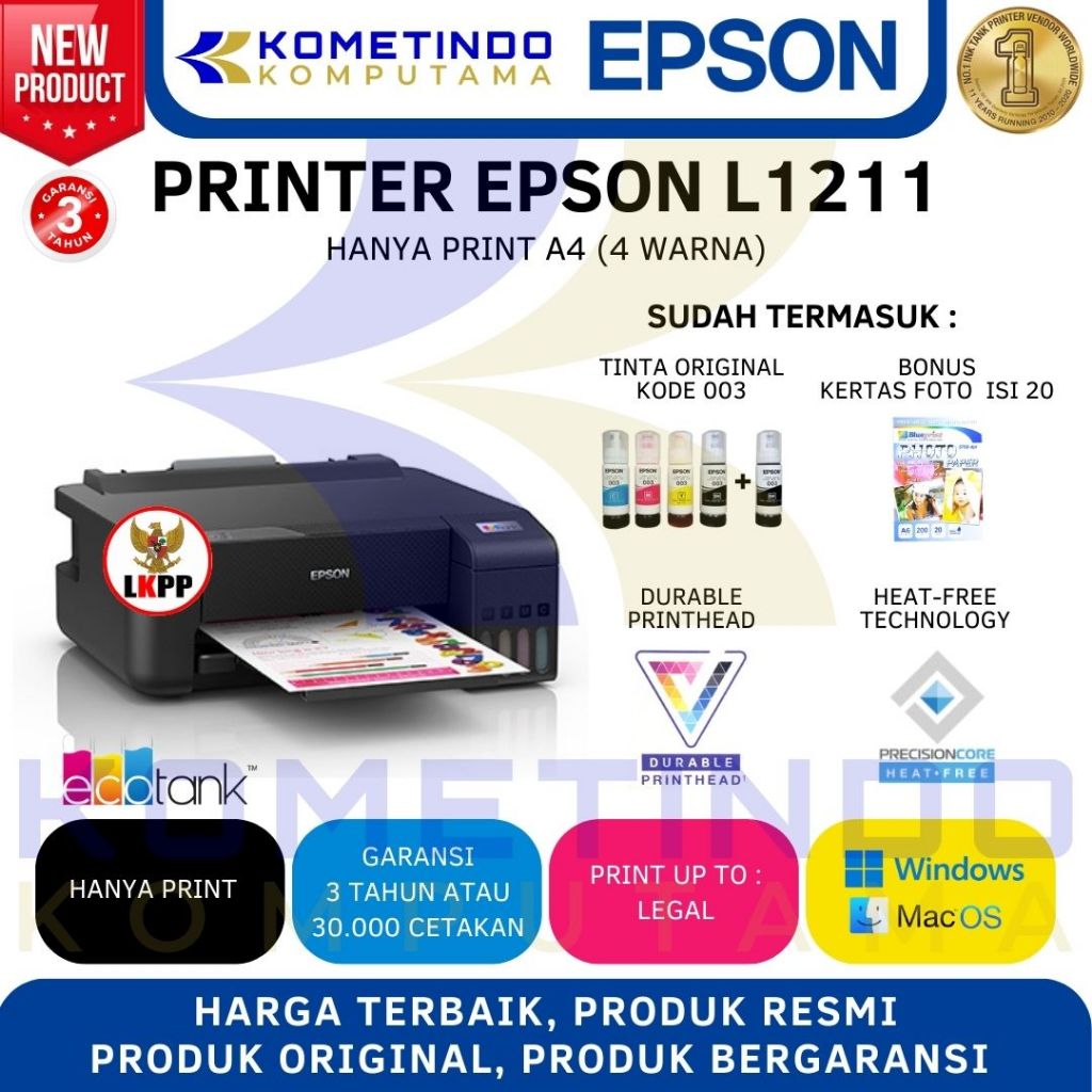 Jual LKPP Epson EcoTank L1211 A4 Print Only Ink Tank Printer, Garansi 3 Tahun TINTA JAMIN ...