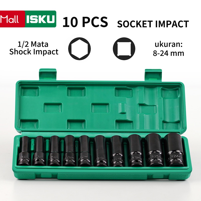 Jual ISKU 10Pcs Mata Socket 8-24mm 1/2 Inch 6Pt Socket Impact Panjang 8 ...