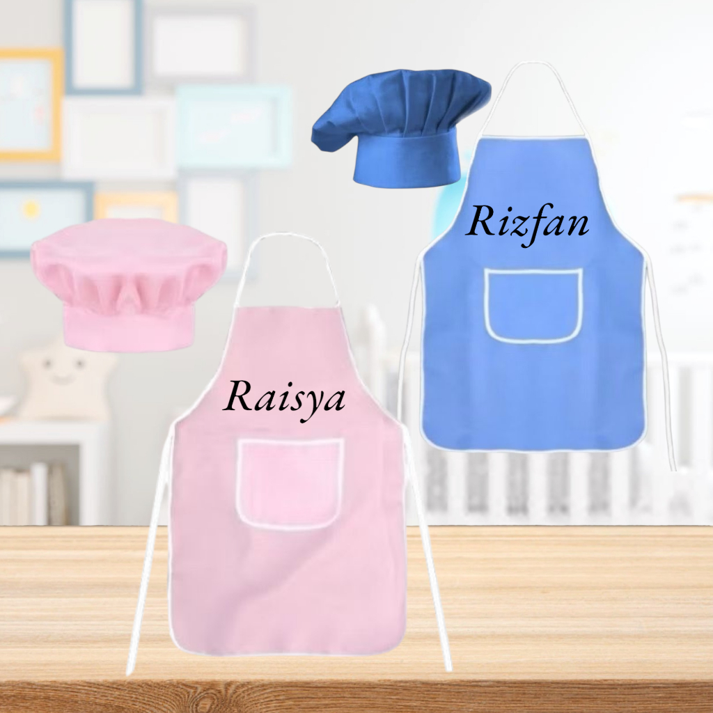 Jual Celemek Koki// Apron Satu Set Topi dan Celemek Free Bordir Nama ...