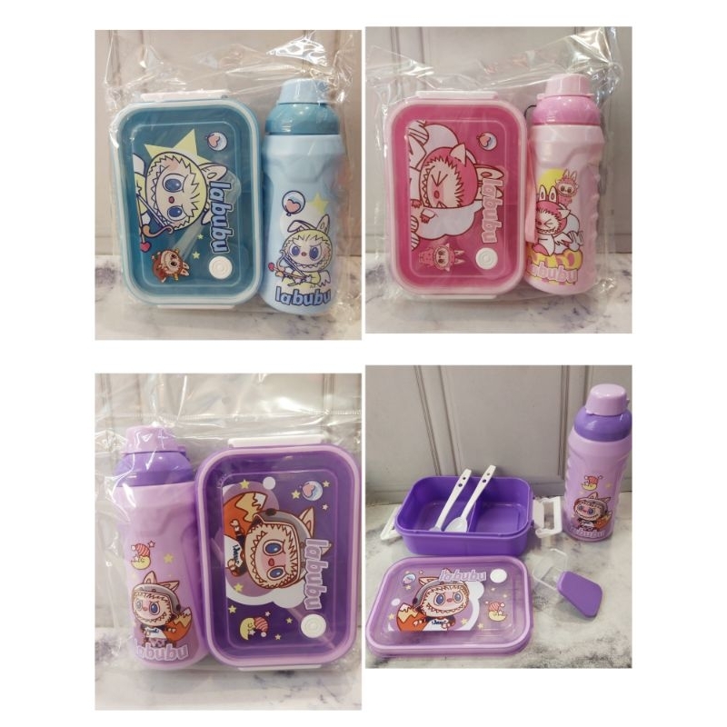 Jual Tempat Makan Set Karakter Tempat Makan anak Labubu set tempat Makan dan Botol Minum Sedotan ...