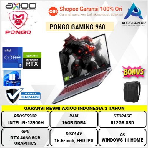 Jual AXIOO PONGO 960 I9 13900H RTX4060 8GB/ 16GB 512GB W11 15.6FHD ...