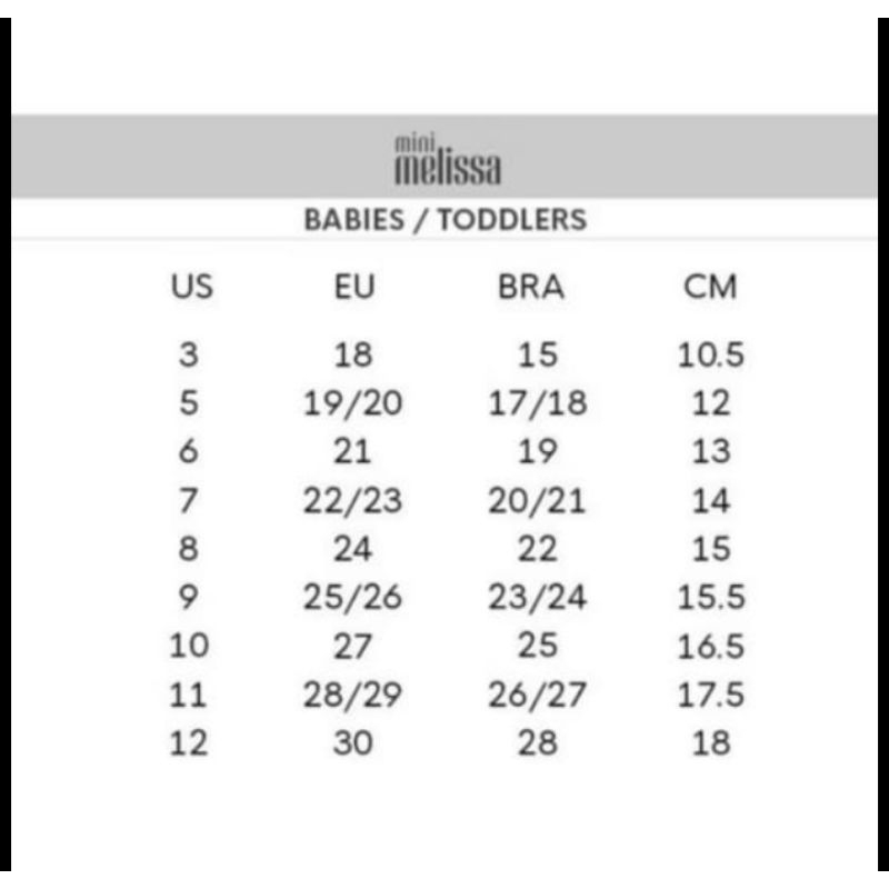 Jual Melissa Size Chart | Shopee Indonesia
