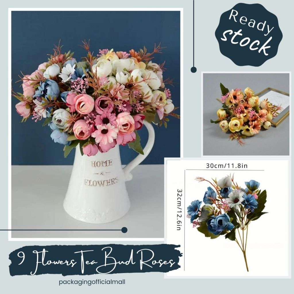 Jual 9 FLOWERS TEA BUD ROSES / KEPALA BUNGA PALSU / BUNGA BUKET / BUNGA ...