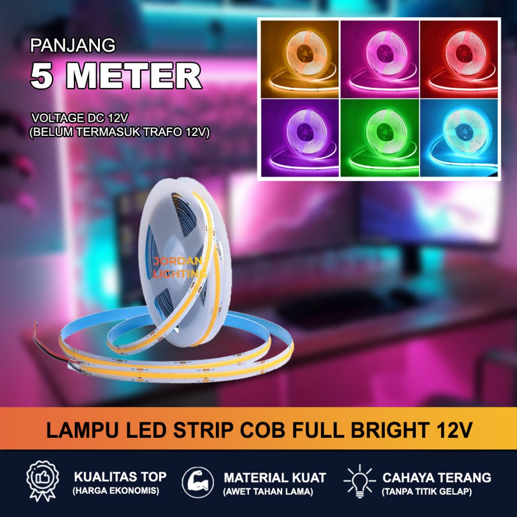 Jual LED Strip COB 12V 12 Volt 5M Merah Biru Hijau Ice Blue Pink Ungu ...