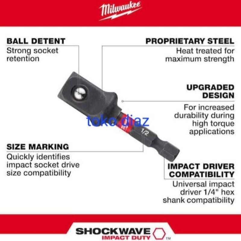 Jual Milwaukee Shockwave Impact Socket Adapter 1/4" hex shank - 1/2 ...