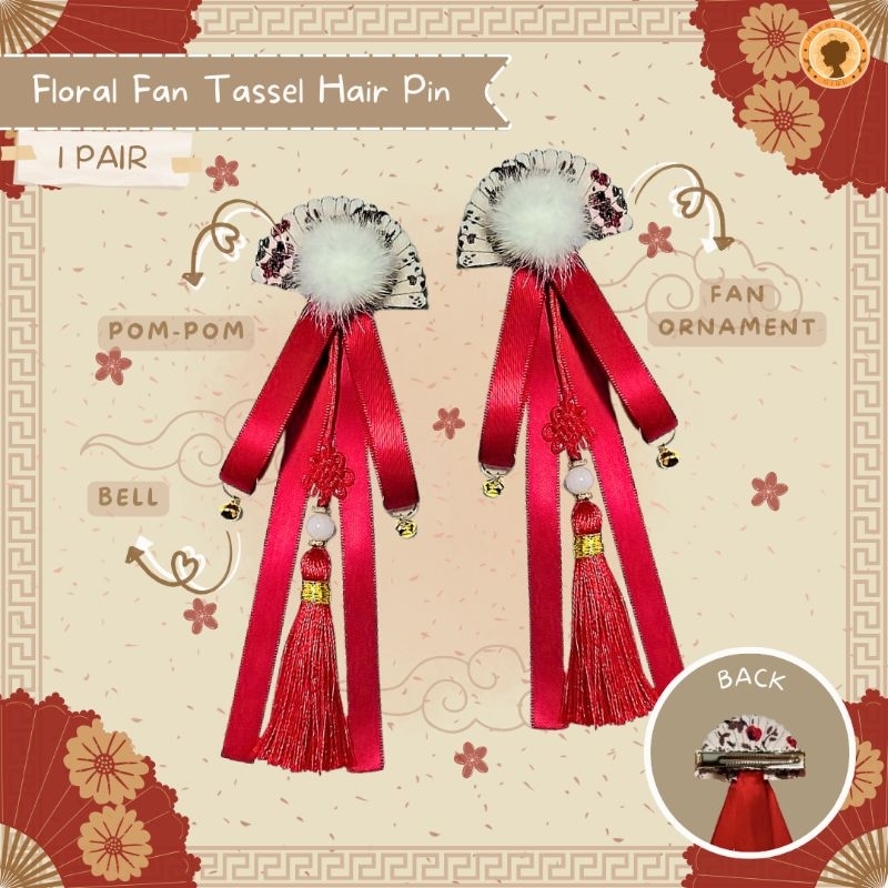 Jual Chinese Style Floral Fan Tassel Hairpin with Bells for CNY (1 Pair ...