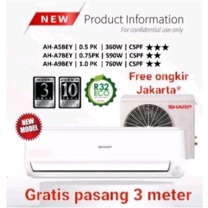 Jual AC SHARP 3/4 PK AH-A7BEY + PASANG SPLIT R32 0.75 PK | Shopee Indonesia