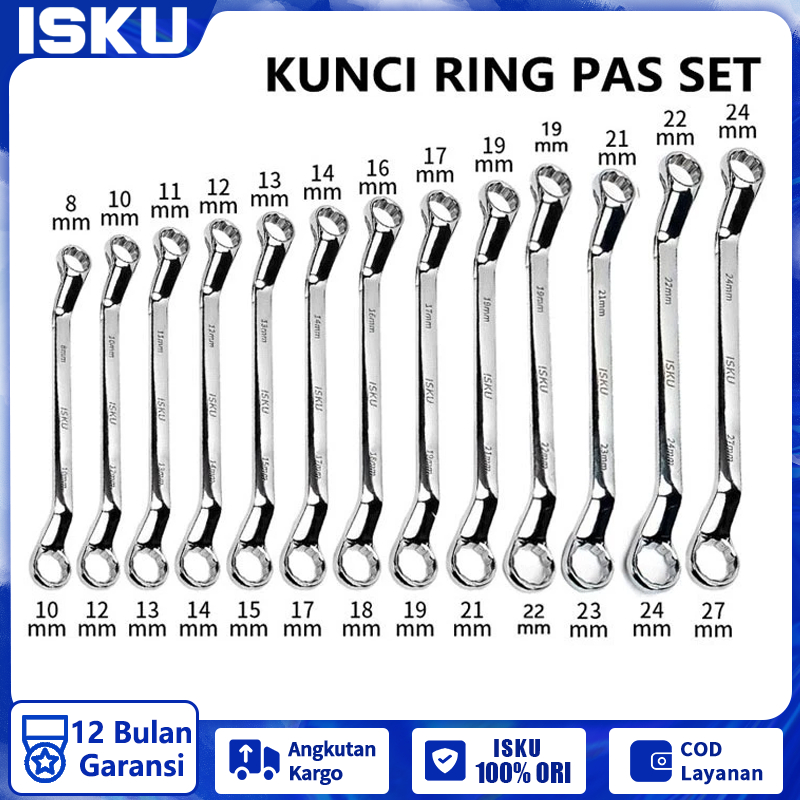 Jual ISKU Kunci Ring Pas Set 12 pcs 8-27mm Alat Perkakas Tools Kunci ...
