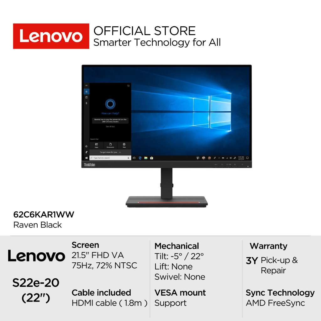Jual Lenovo Monitor ThinkVision S24e-20 23.8" FHD VA 60Hz 72% NTSC AMD ...