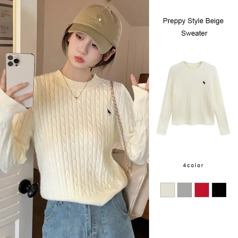 Jual Kaus Bottoming Bordir Rasa Desain Sweter Krem Gaya Preppy Pakaian ...